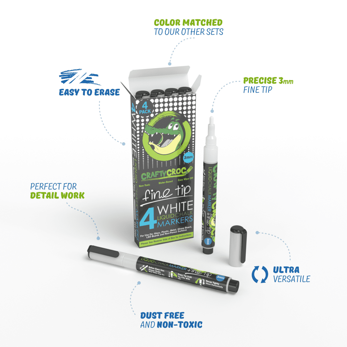 Fine Tip Chalk Markers - 4 White Colors - Crafty Croc